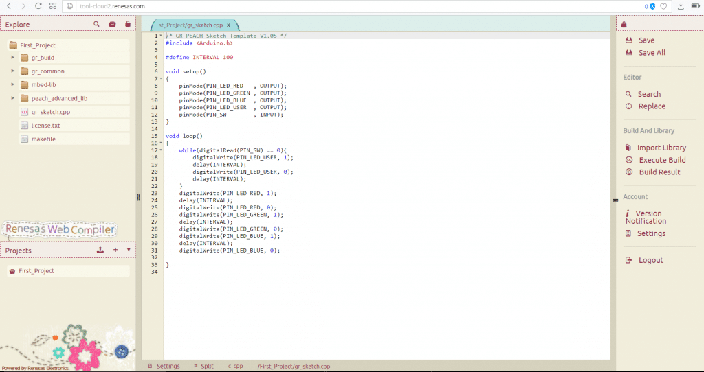 Primeiros passos com GR-Peach - Renesas Web Compiler - Embarcados