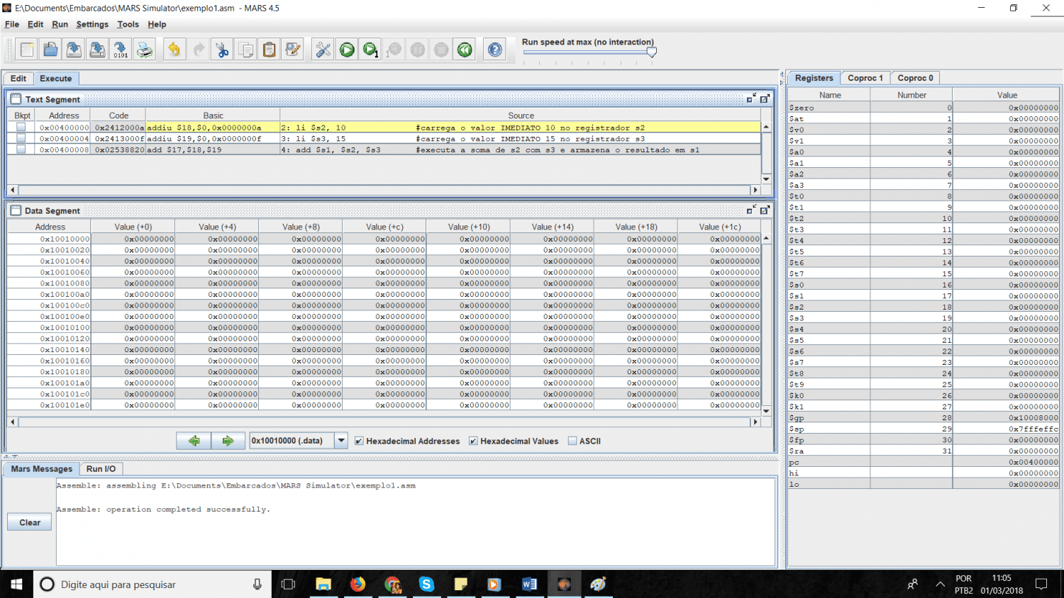 Testando as instruções MIPS no MARS - Embarcados